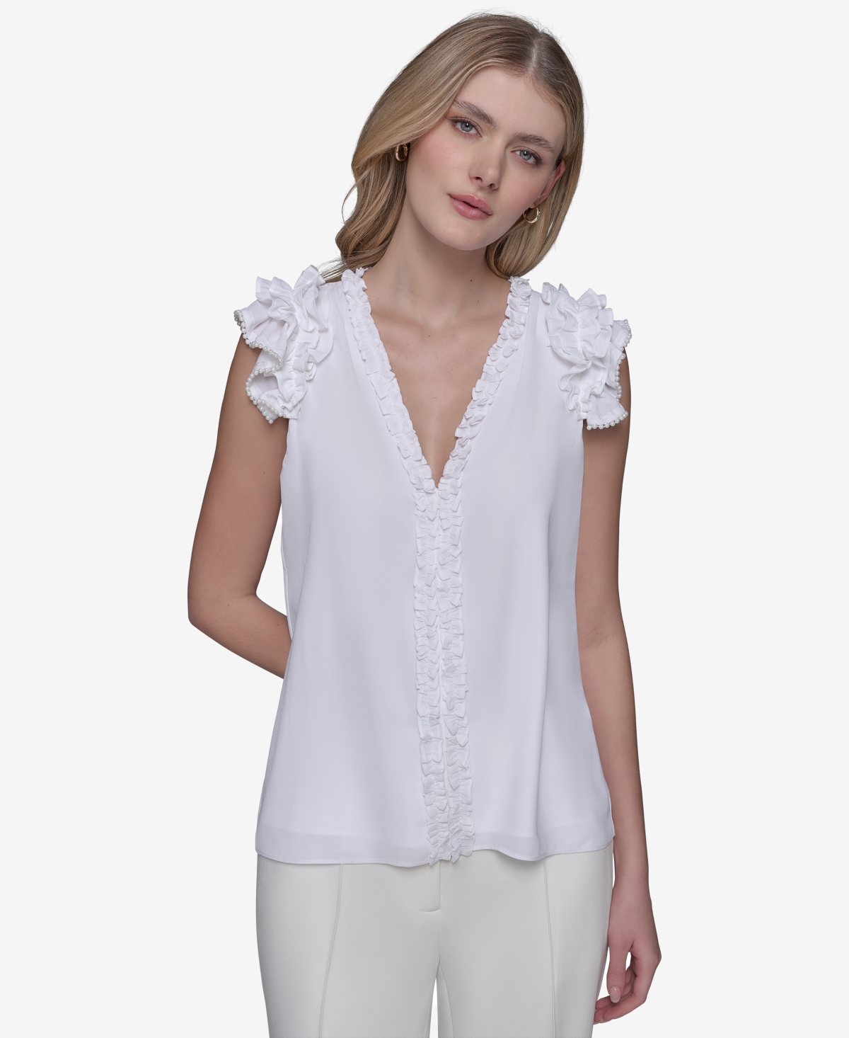 Click here for Karl Lagerfeld Paris Womens Ruffled Sleeveless Top... prices