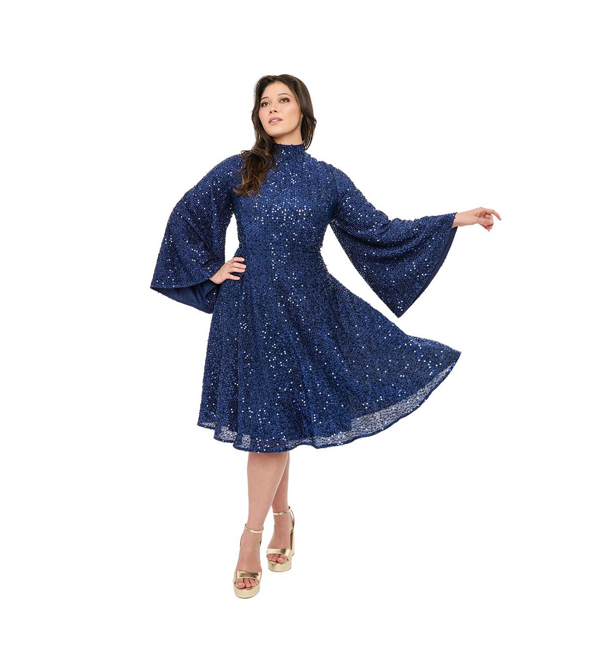 Click here for Plus Size Sequin Mock Neck Swing Dress - Navy sequ... prices
