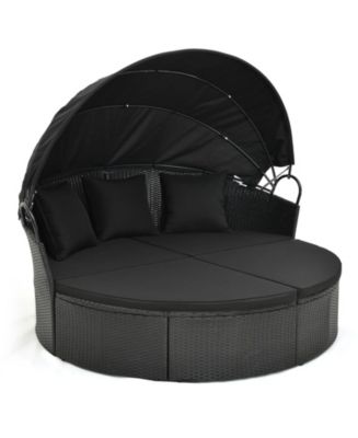 Clamshell Patio Round Daybed Wicker with Retractable Canopy and Pillows ...