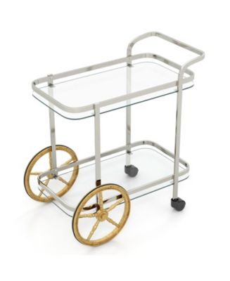 2-Tier Tempered Glass Bar Cart with 2 Large Aluminum Wheels and 2 ...