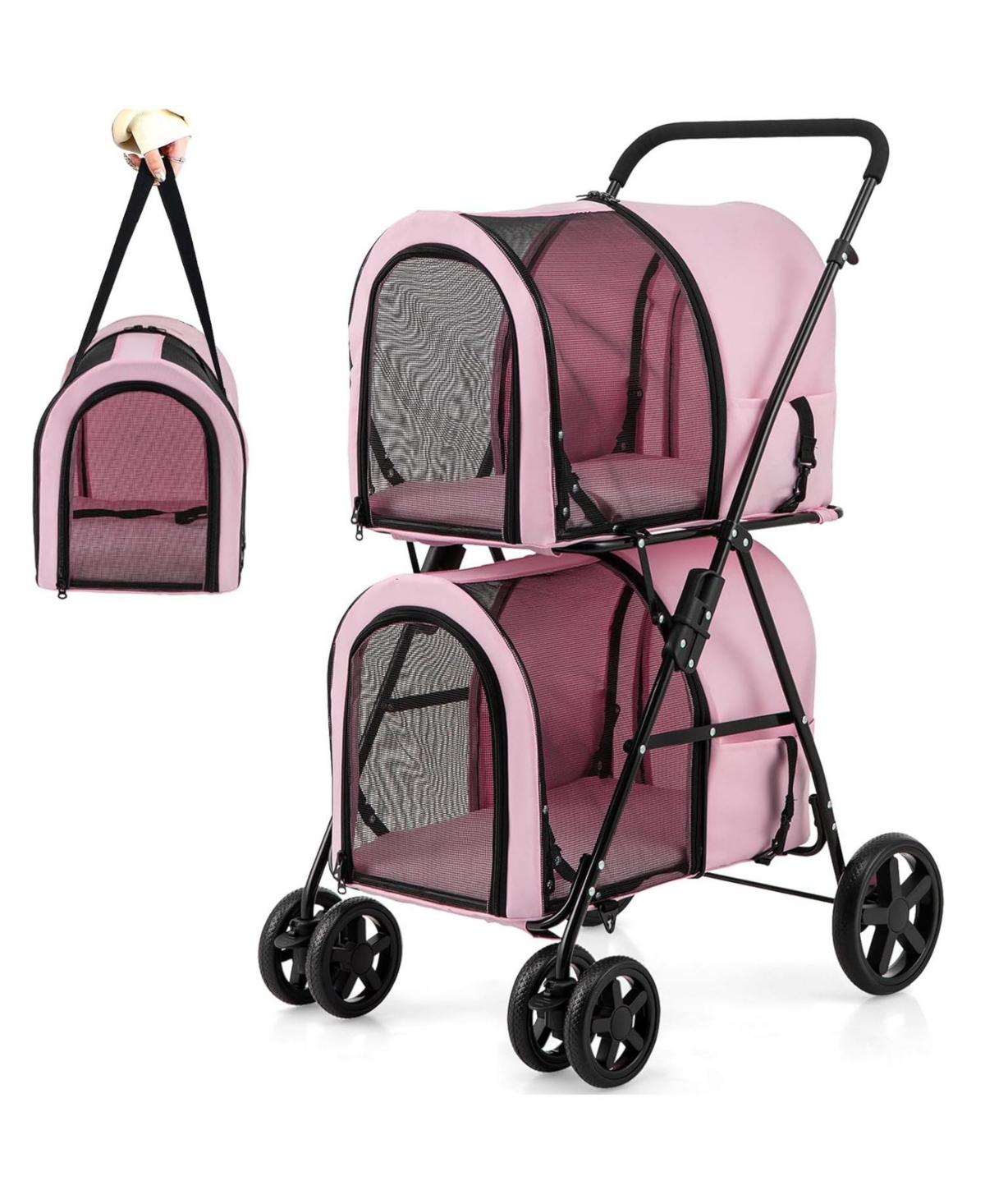 4-in-1 Double Pet Stroller with Detachable Carrier and Travel Carriage - Pink
