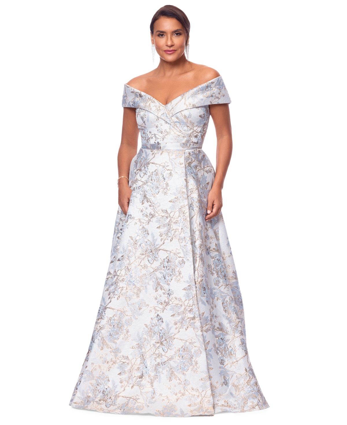Click here for Xscape Petite Off-The-Shoulder Metallic Jacquard G... prices