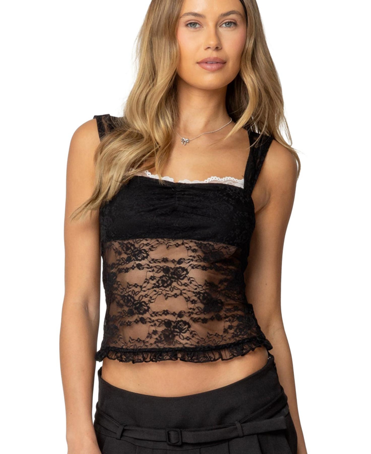 Click here for Edikted Womens Essie Peekaboo Sheer Lace Top - Bla... prices