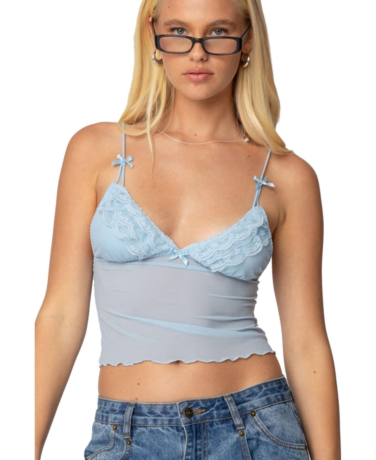 Click here for Edikted Womens Berkley Sheer Mesh Lacey Top - Ligh... prices