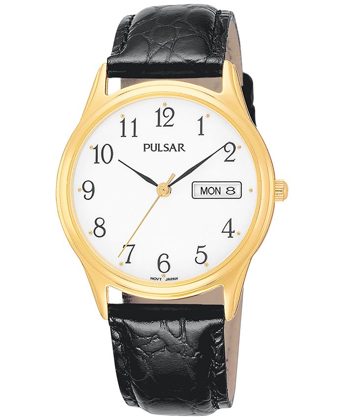 Pulsar Men's Black Leather Strap Watch 34mm PXN080 - Macy's