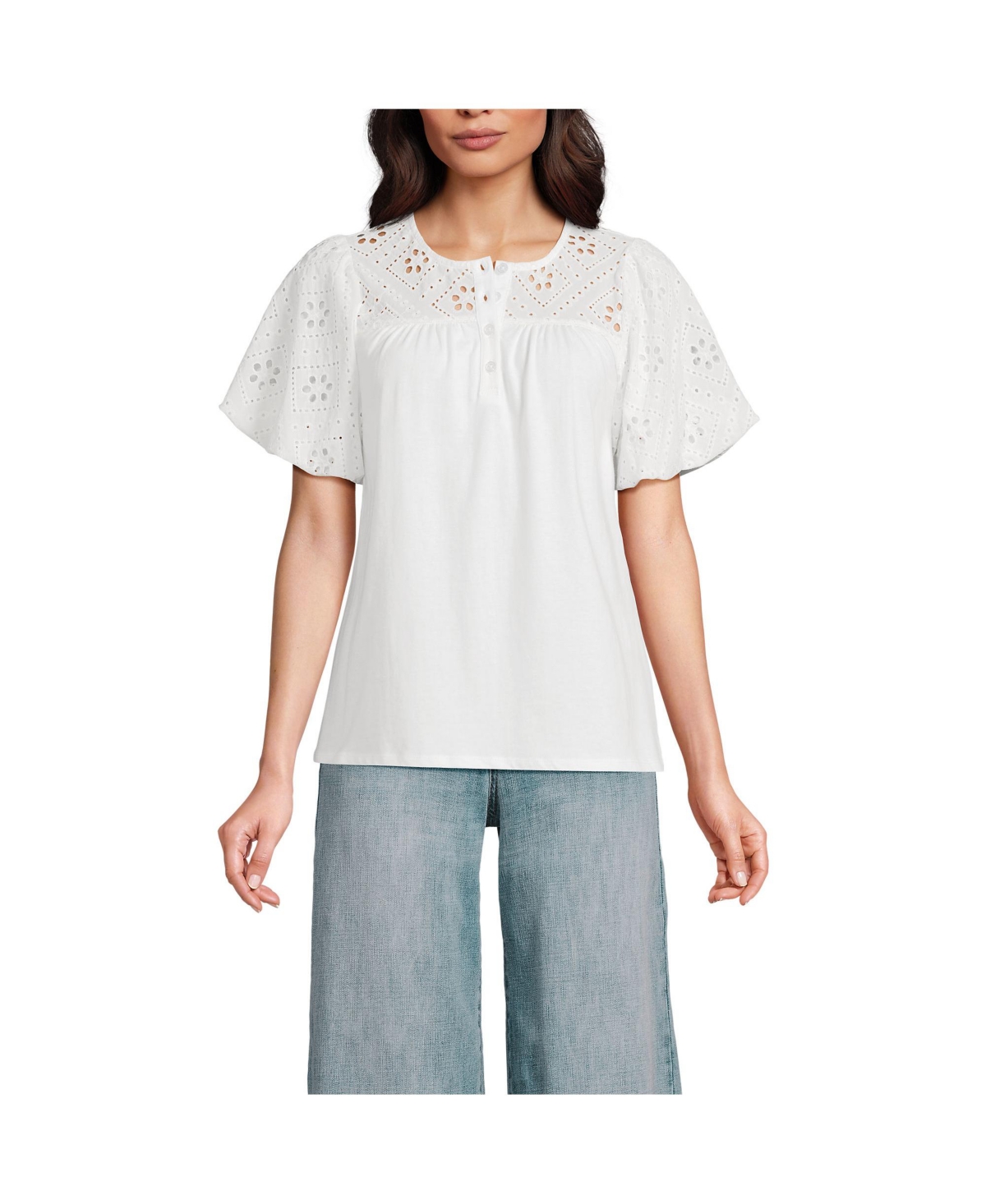 Click here for Lands End Womens Eyelet Crew Puff Sleeve Top - Whi... prices