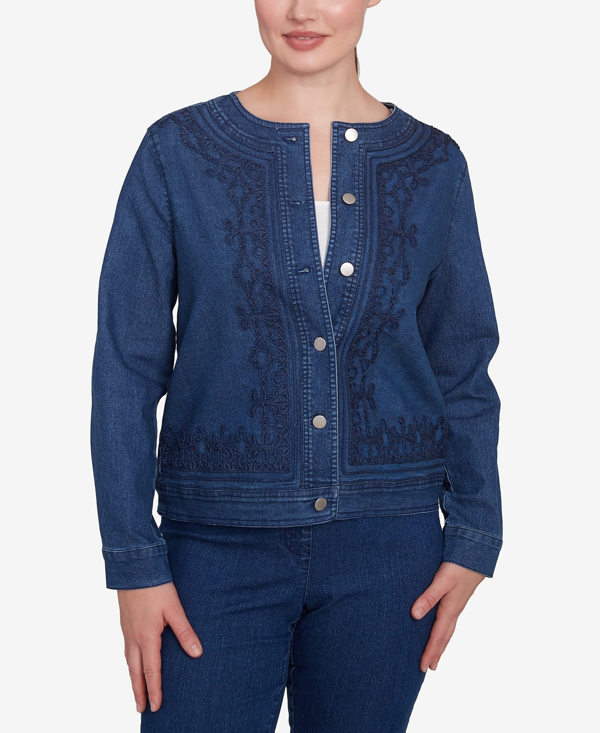 Click here for Ruby Rd. Petite Dark Stretch Denim Embroidered Jac... prices