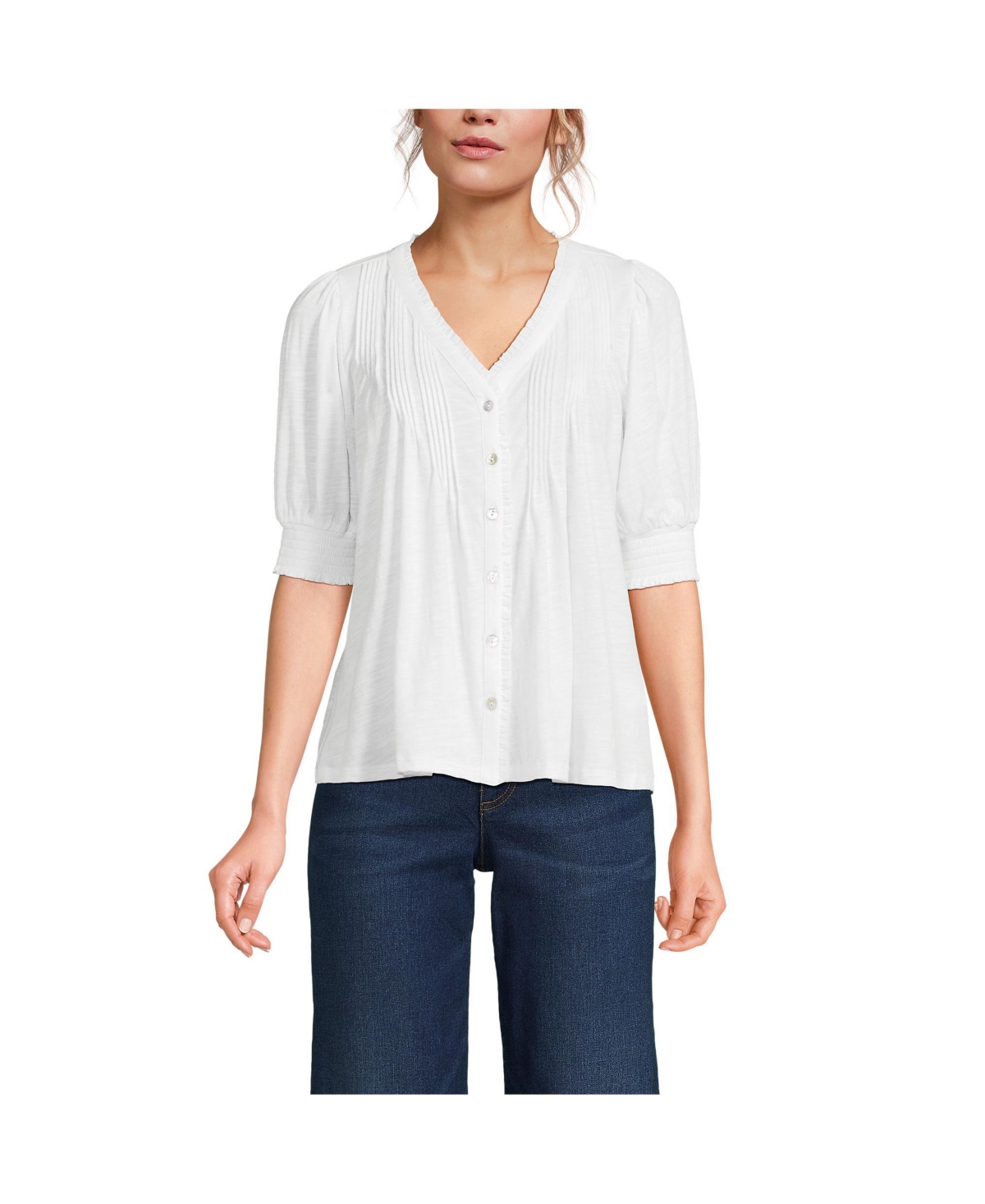 Click here for Lands End Womens Button Pintuck Puff Sleeve Top -... prices