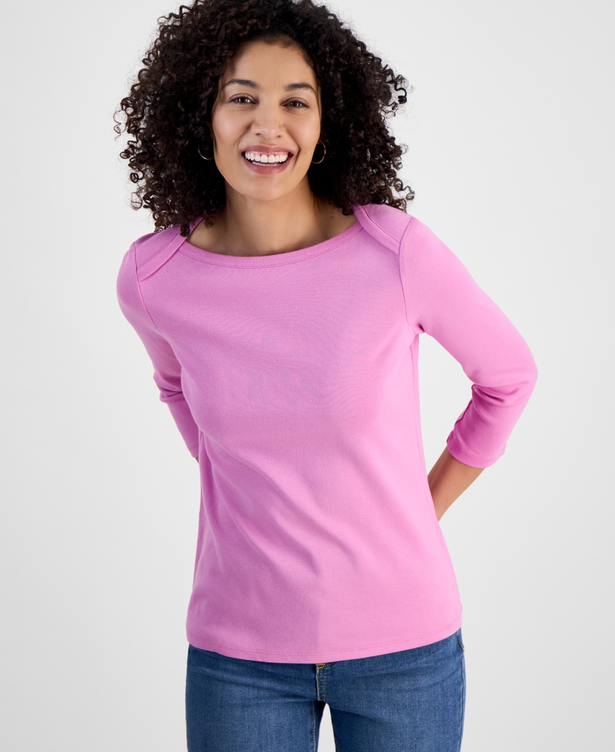 Click here for Style & Co Womens Petite Pima Cotton 3/4-Sleeve Bo... prices