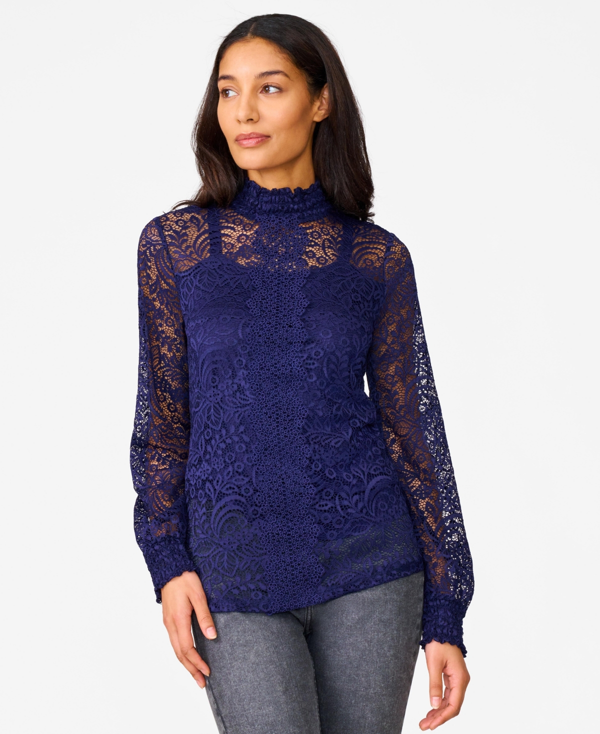 Click here for Cable & Gauge Womens Lace Mock Neck Top - In the n... prices