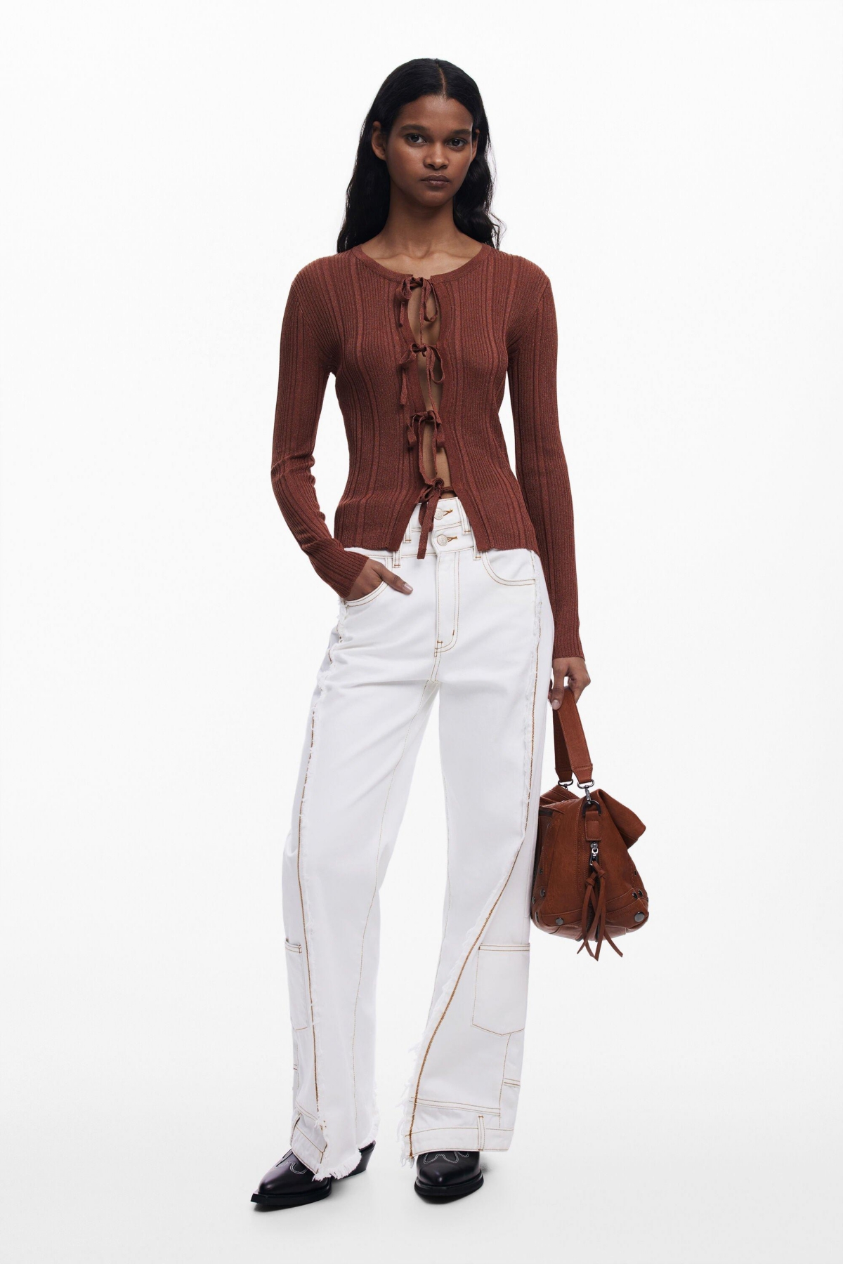 Click here for Desigual Womens Shiny bow cardigan - Brown prices