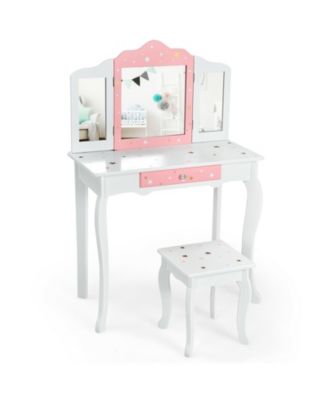 Kids Princess Vanity Table and Stool Set with Tri-folding Mirror and ...