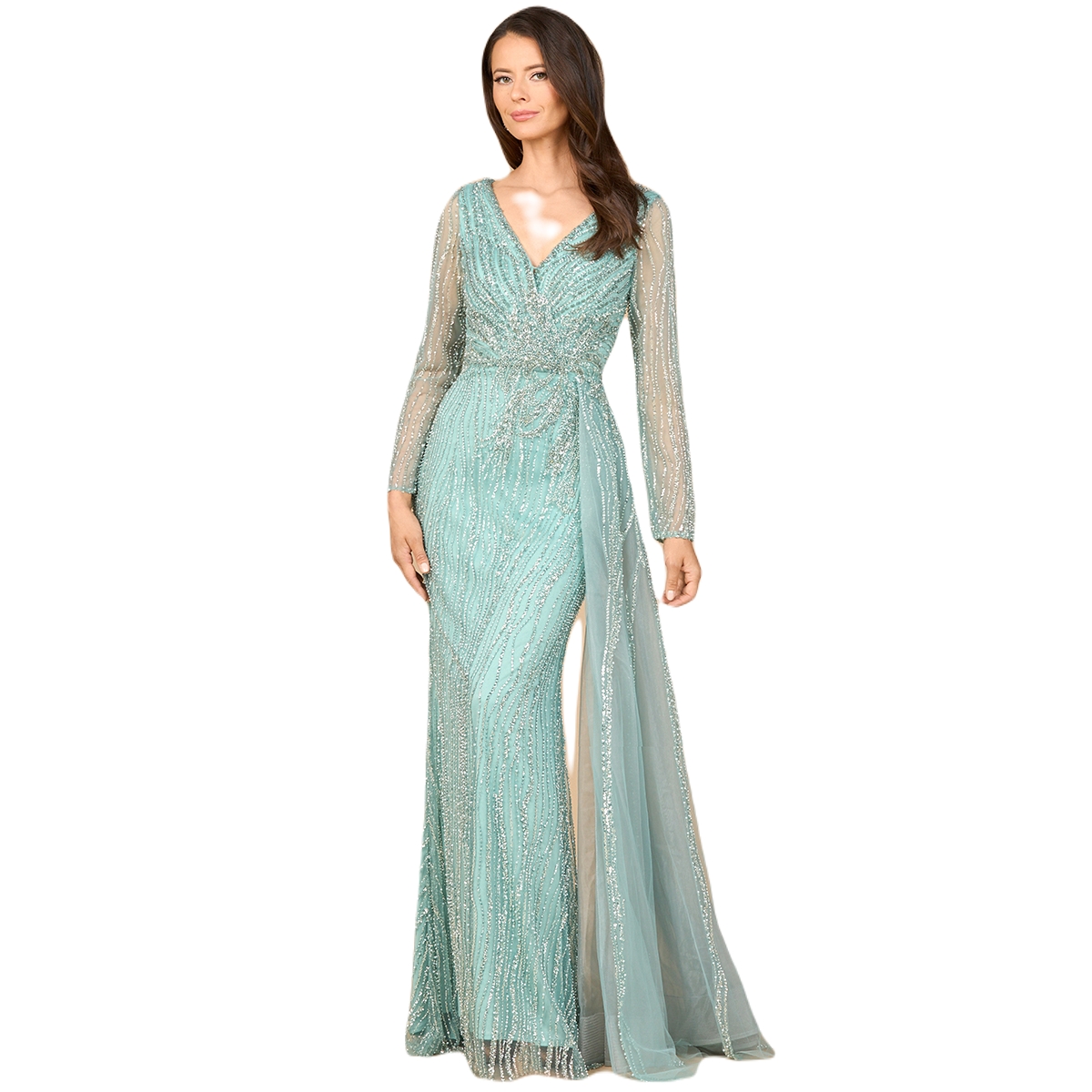 Click here for Lara Womens Long Sleeve V-Neck Gown with Drape - D... prices