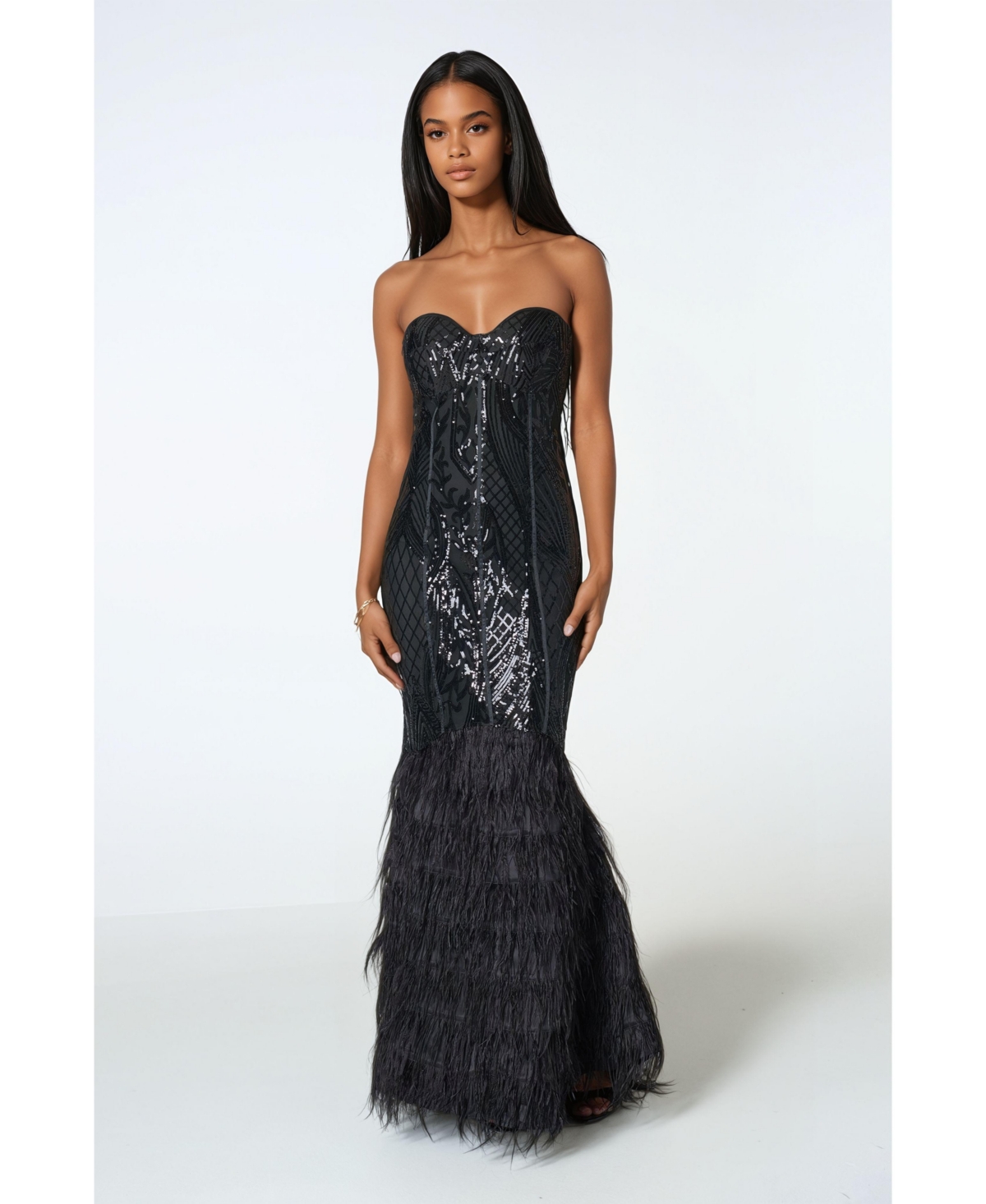 Click here for Bebe Womens Sequin Feather Gown - Black prices