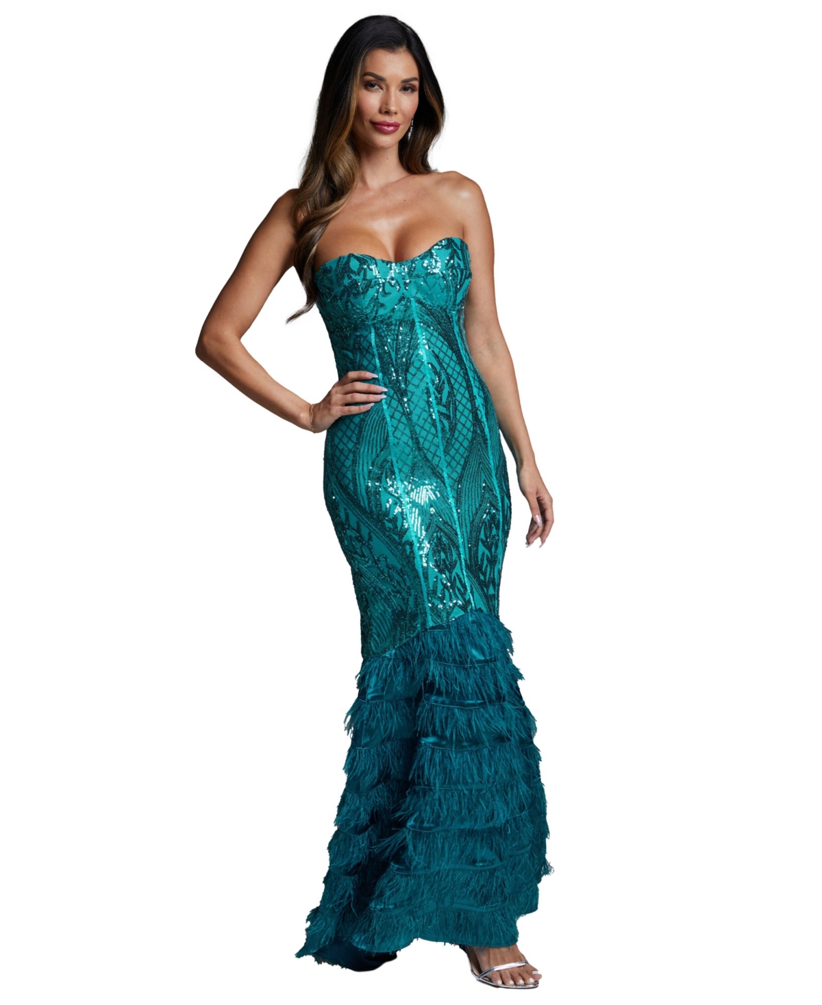 Click here for Bebe Womens Sequin Feather Gown - Teal prices