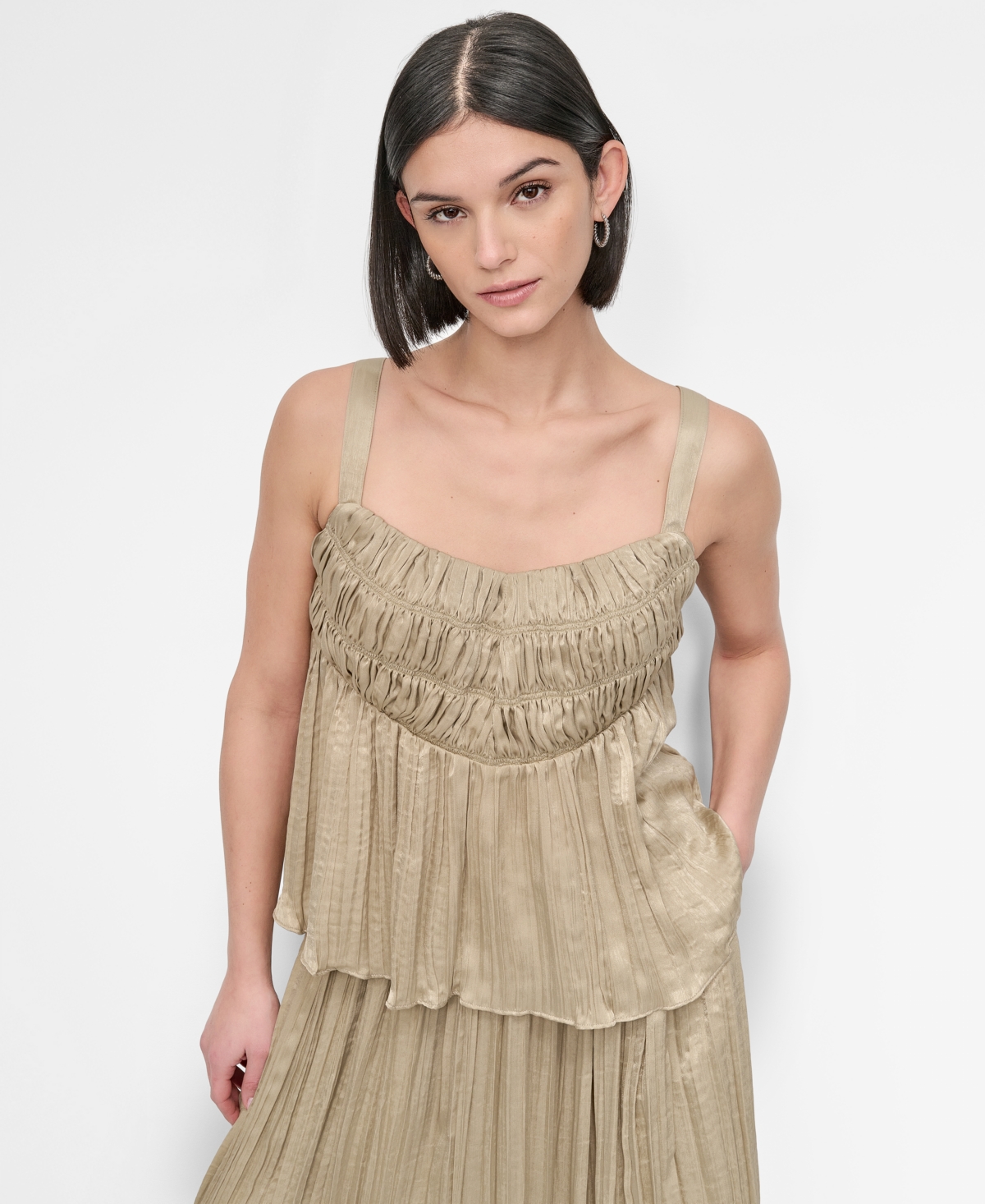 Click here for Dkny Womens Crushed Crease Smocked Sleeveless Top... prices