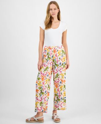 JM Collection Women's Linen Blend Printed Pull-On Pants, Exclusively at ...