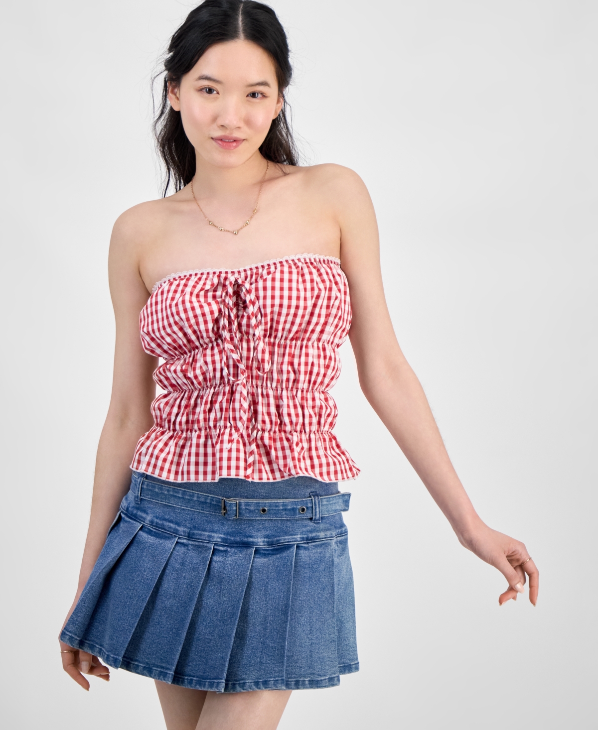Click here for Rebellious One Juniors Gingham Shirred Strapless T... prices