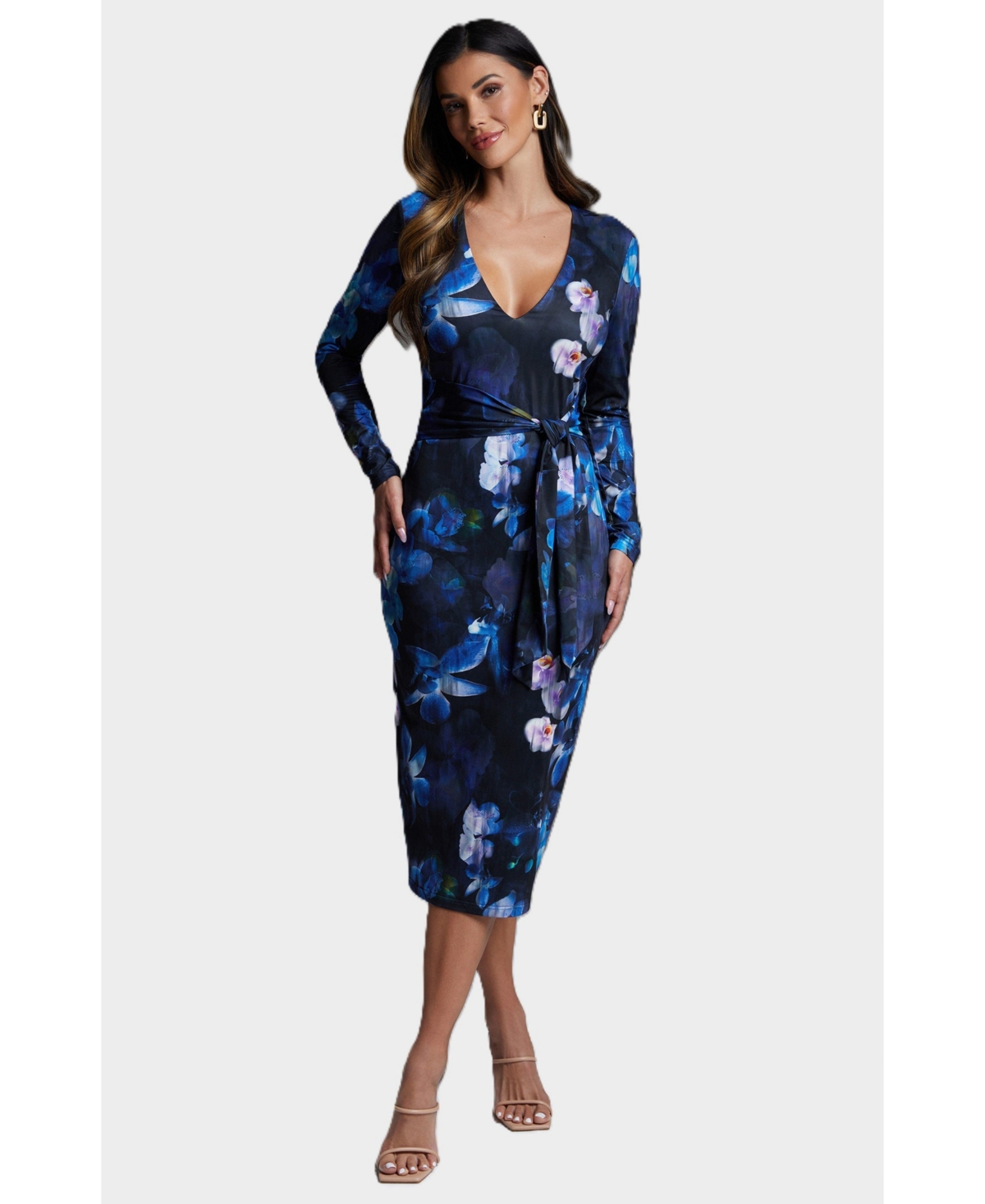 Click here for Bebe Womens Tie Waist Printed Midi Knit Dress - Mi... prices