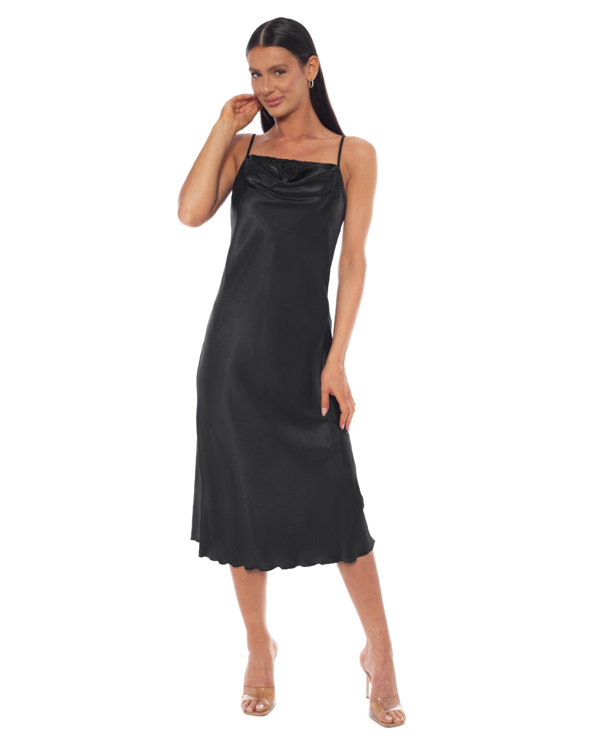 Click here for Bebe Womens Satin Slip Midi Dress with Lace Insert... prices