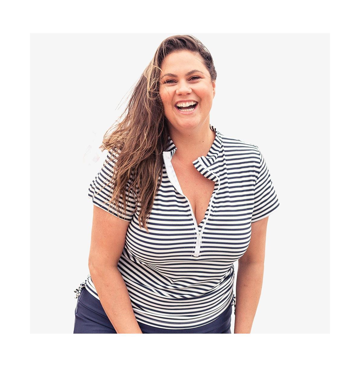 Click here for Calypsa Plus Size Half-Zip Adele Swim Top - Navy s... prices