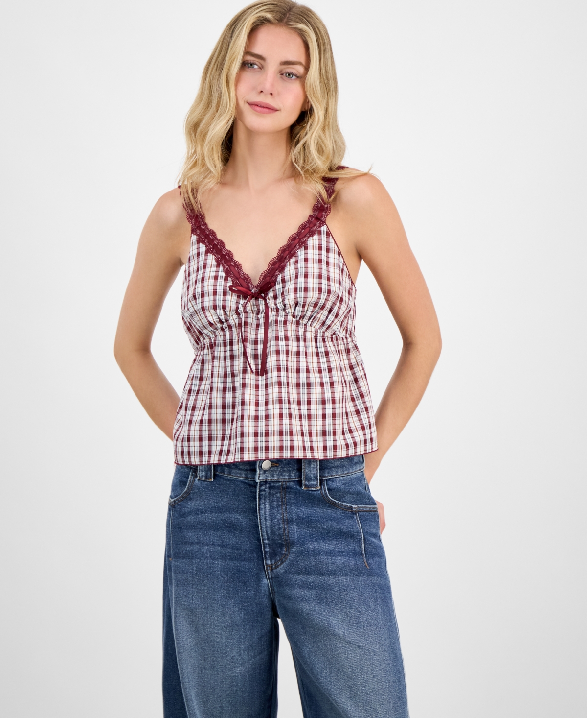 Click here for Madden Girl Juniors Plaid Ribbon Babydoll Tank - T... prices