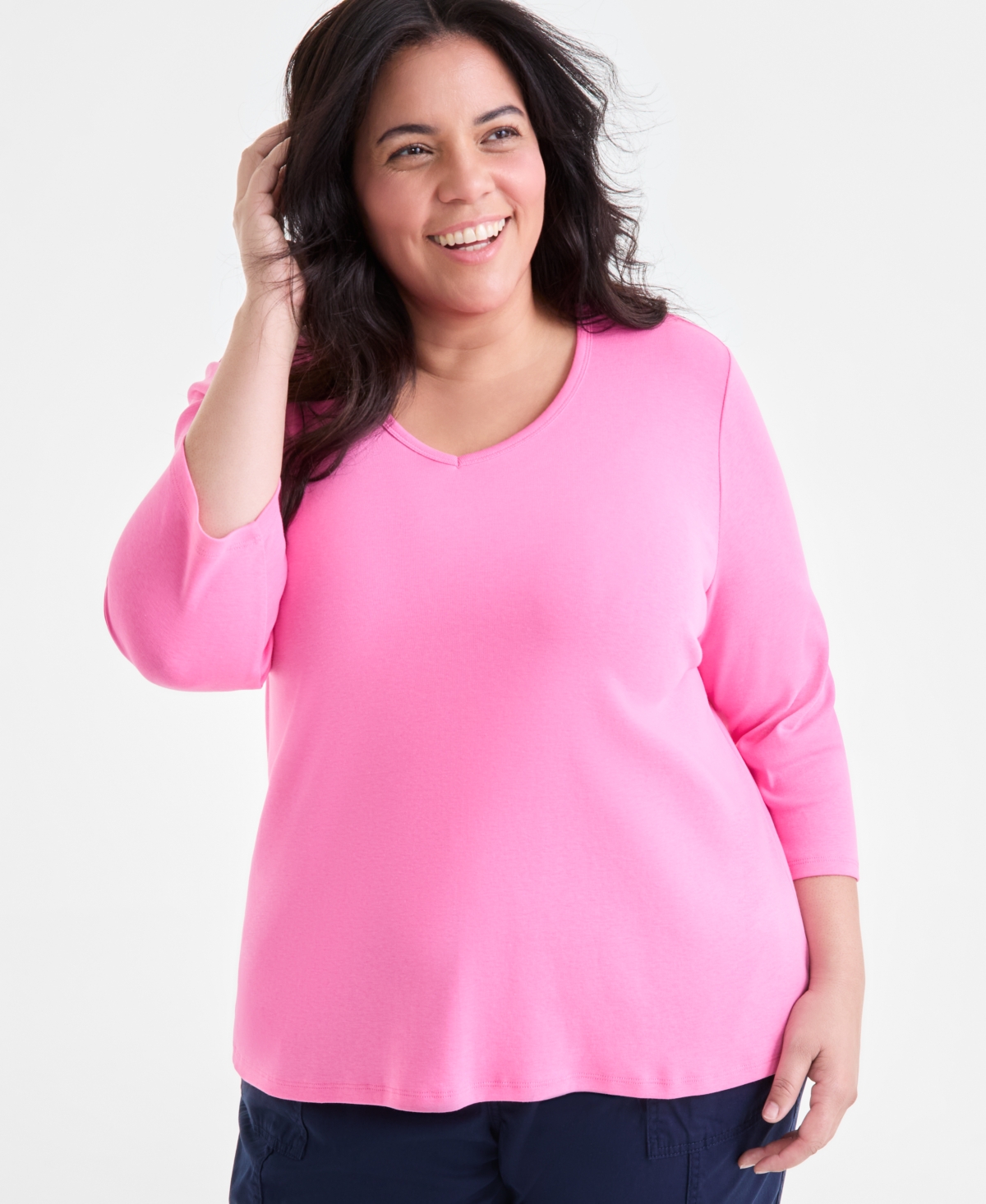 Click here for Style & Co Plus Size Cotton V-Neck 3/4-Sleeve Top... prices