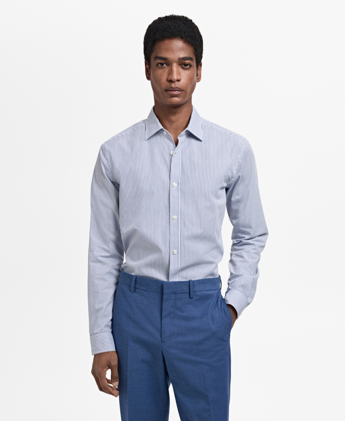 Click here for Mango Mens Cotton Slim-Fit Striped Shirt - Blue prices