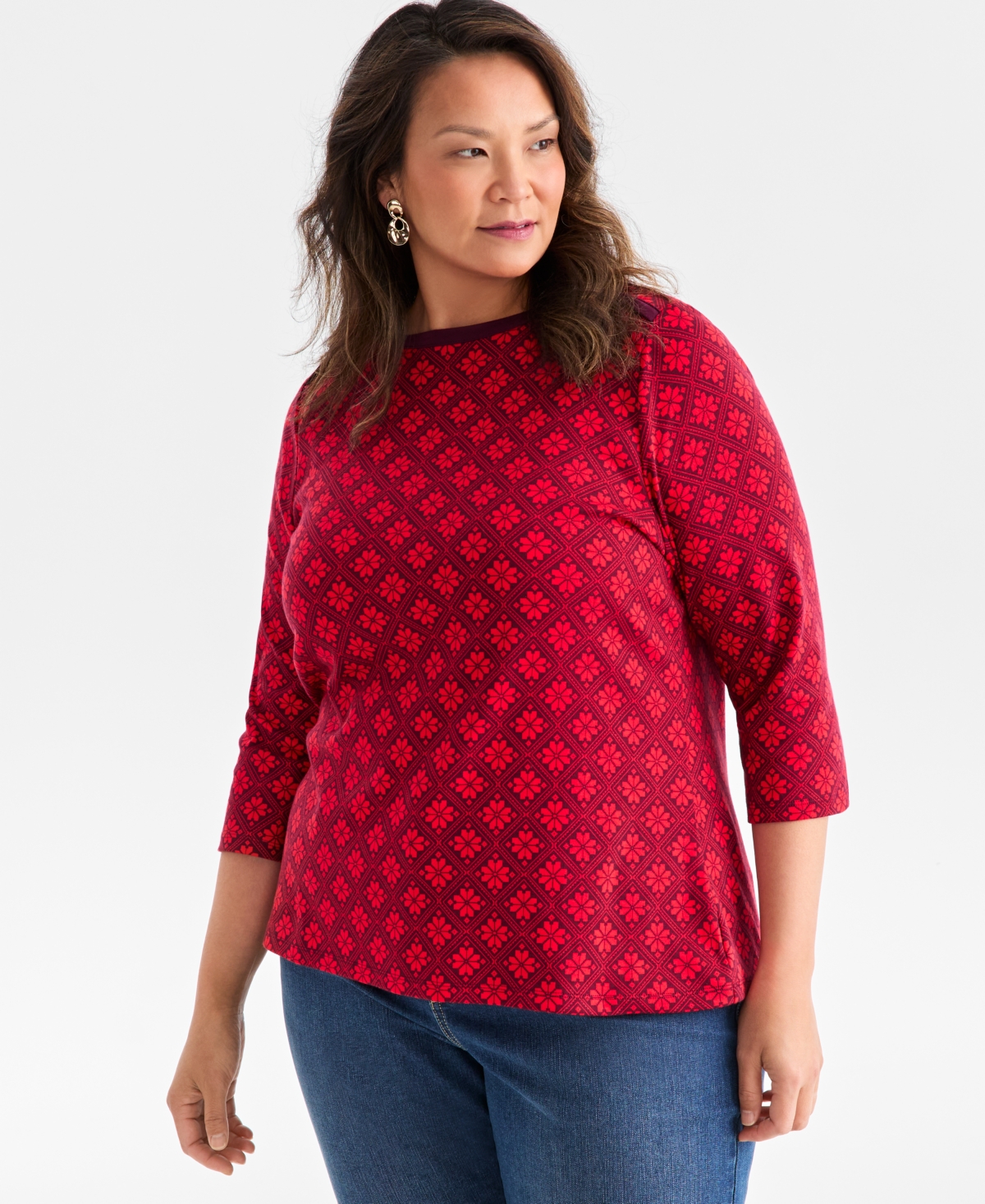 Click here for Style & Co Plus Size Printed Knit 3/4-Sleeve Top... prices
