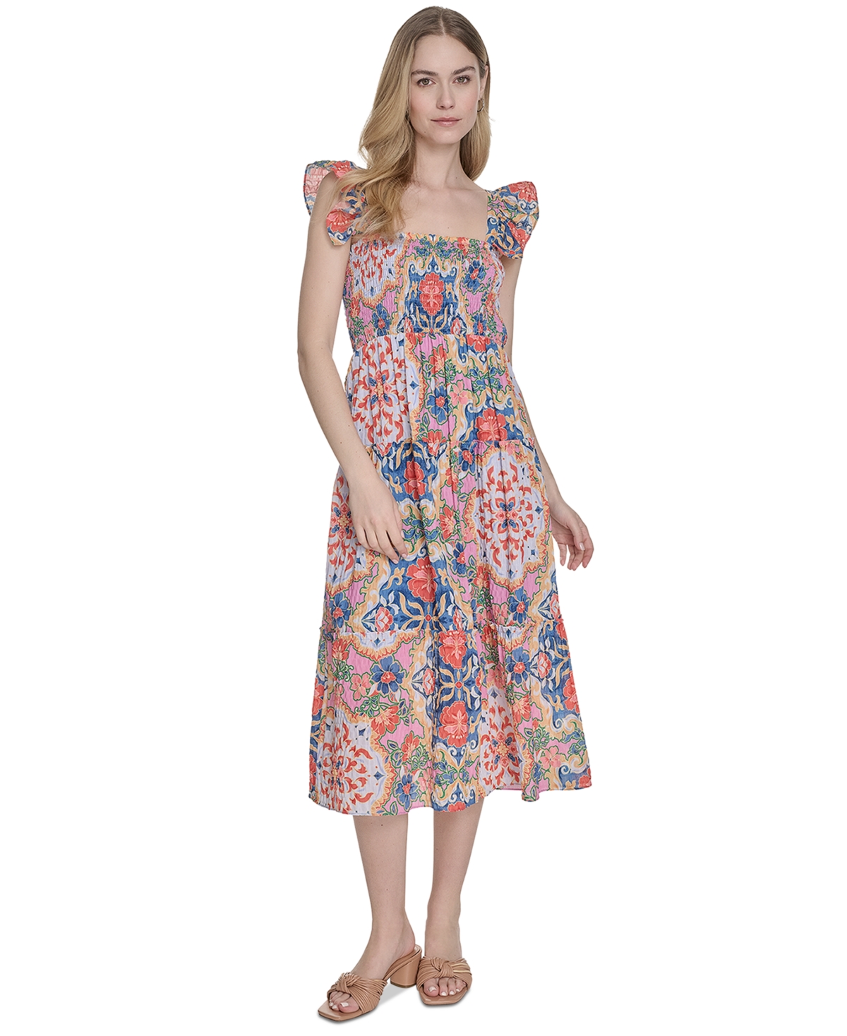 Click here for Vince Camuto Womens Printed Square-Neck Ruffle-Str... prices