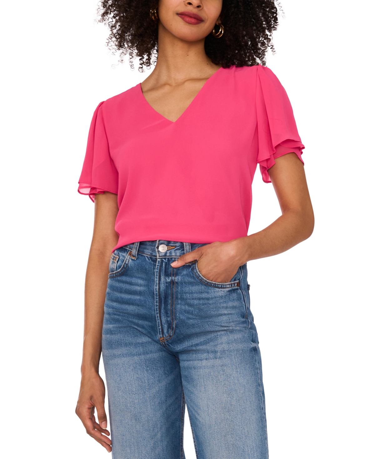 Vince Camuto Womens V-neck Tulip Sleeve Blouse - Flamingo Pink