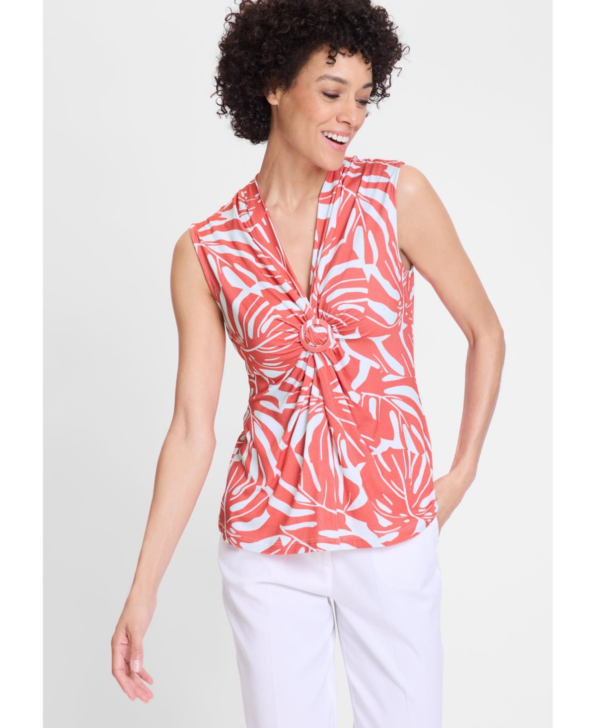 Click here for Olsen Womens Gathered Front Tropic Print Shell - M... prices