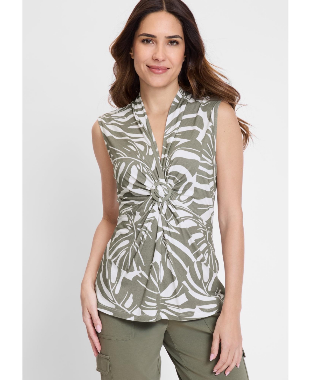 Click here for Olsen Womens Gathered Front Tropic Print Shell - O... prices