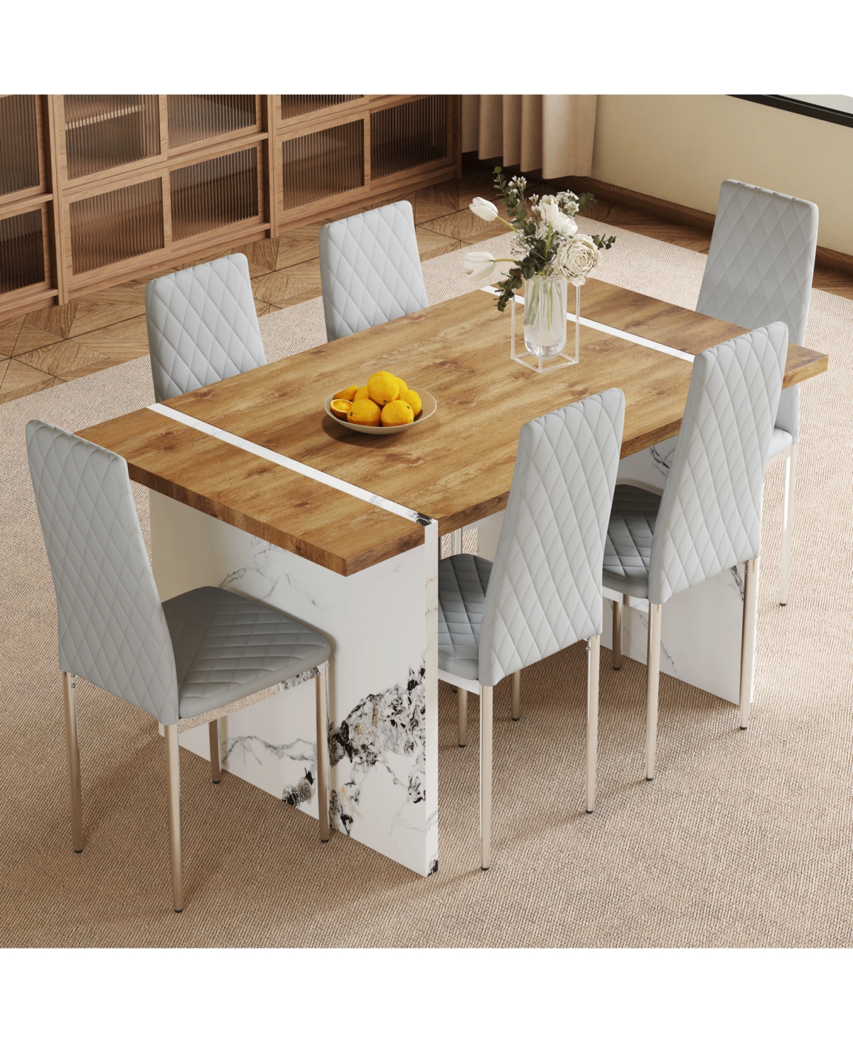 Click here for Streamdale 55" Dining Table & 6 Light Gray Ch... prices