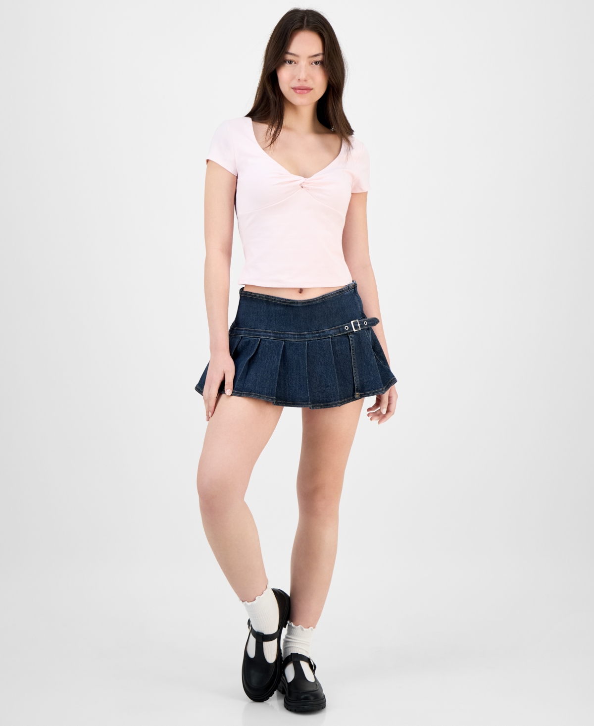 Click here for Madden Girl Juniors Pleated Denim Mini Skort - Bra... prices