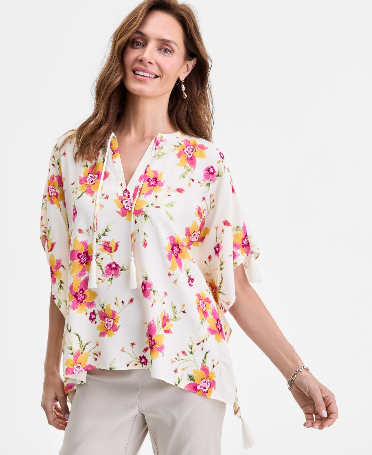 Click here for Jm Collection Womens Printed Tassel-Trim Poncho To... prices
