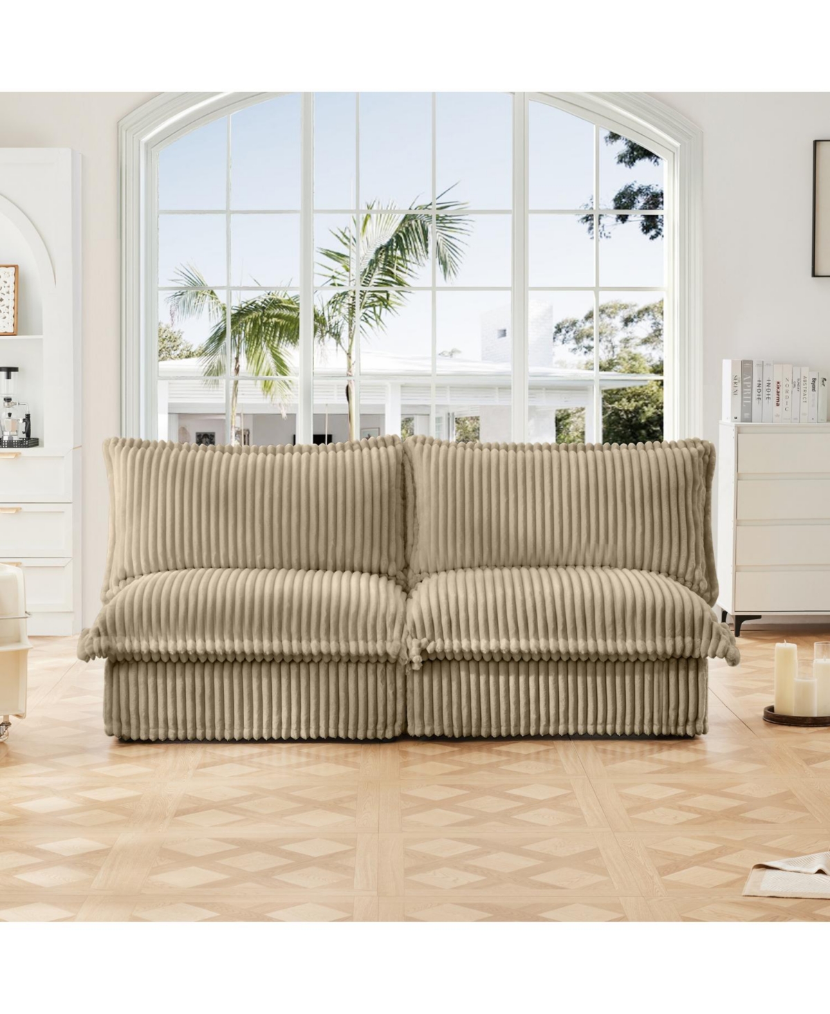 Click here for Camel Corduroy Armless Sofa with Pillows - Camel prices