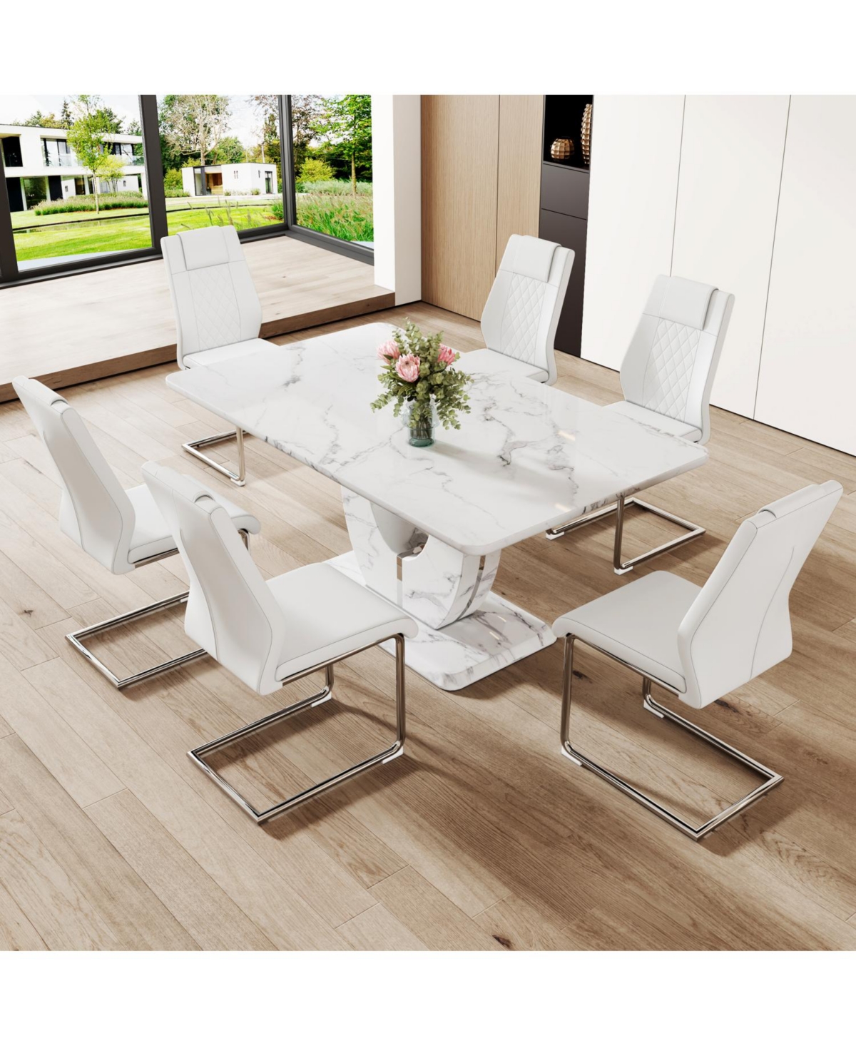 Click here for Marble Pattern Dining Set with 6 White Pu Chairs (... prices