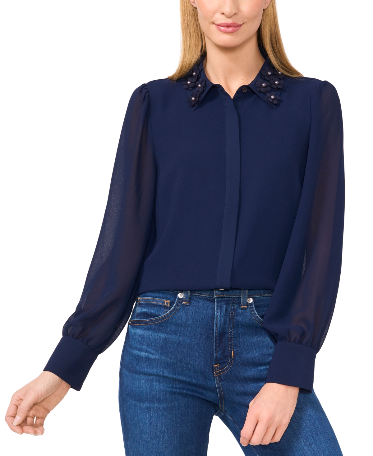 Click here for CeCe Womens Floral-Applique Collared Long-Sleeve B... prices