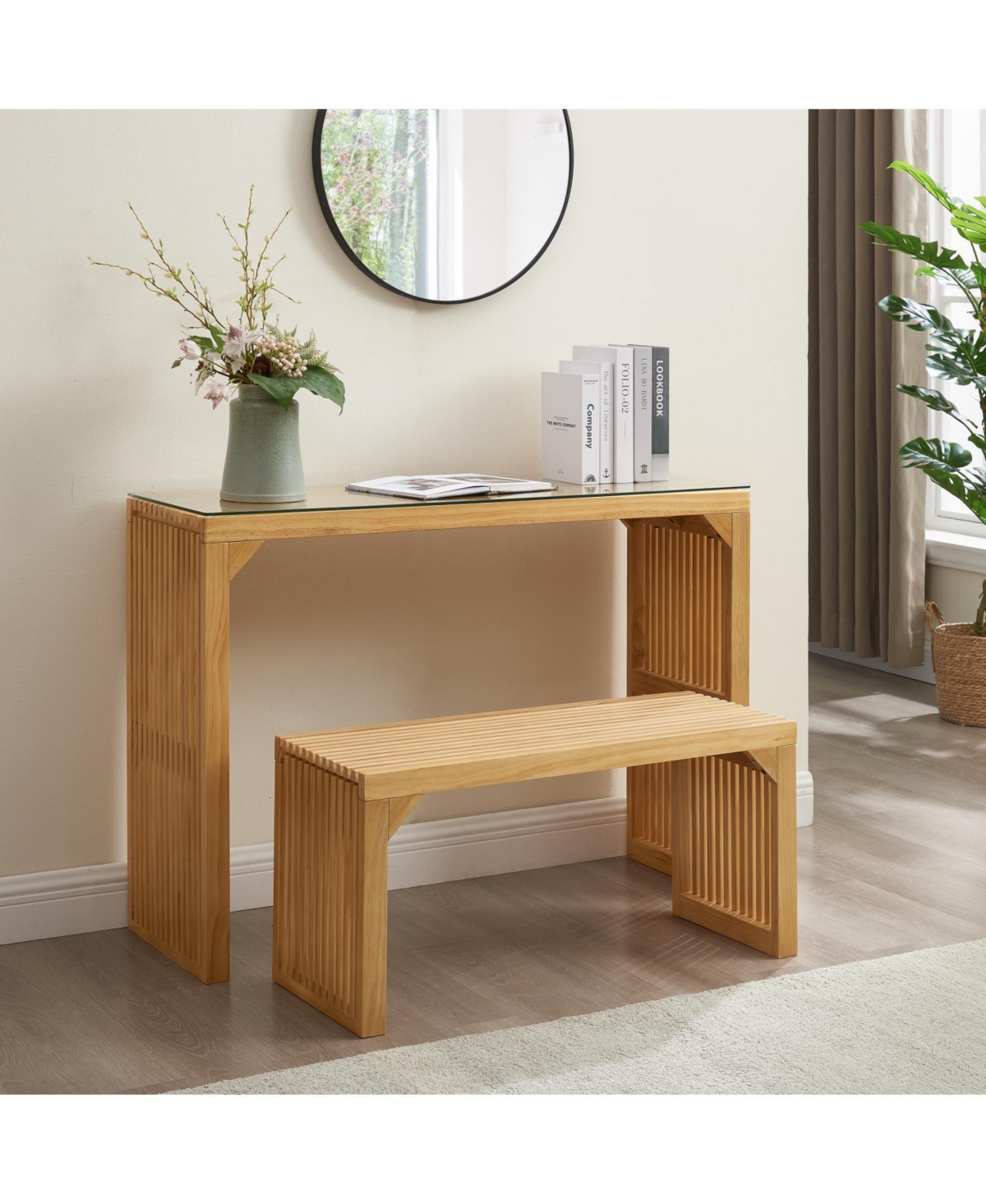 Click here for Pine Dining Bench & Table with Glass Top - Natural prices
