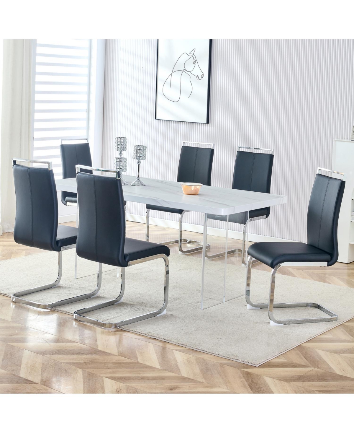 Click here for Modern Dining Set: White Table & 6 Black Pu Chairs... prices
