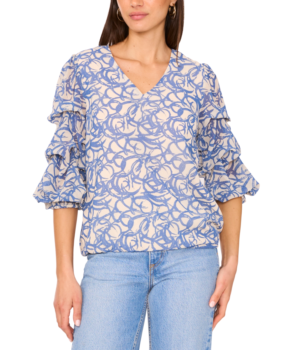 Click here for Vince Camuto Womens Printed V-Neck Lantern-Sleeve... prices