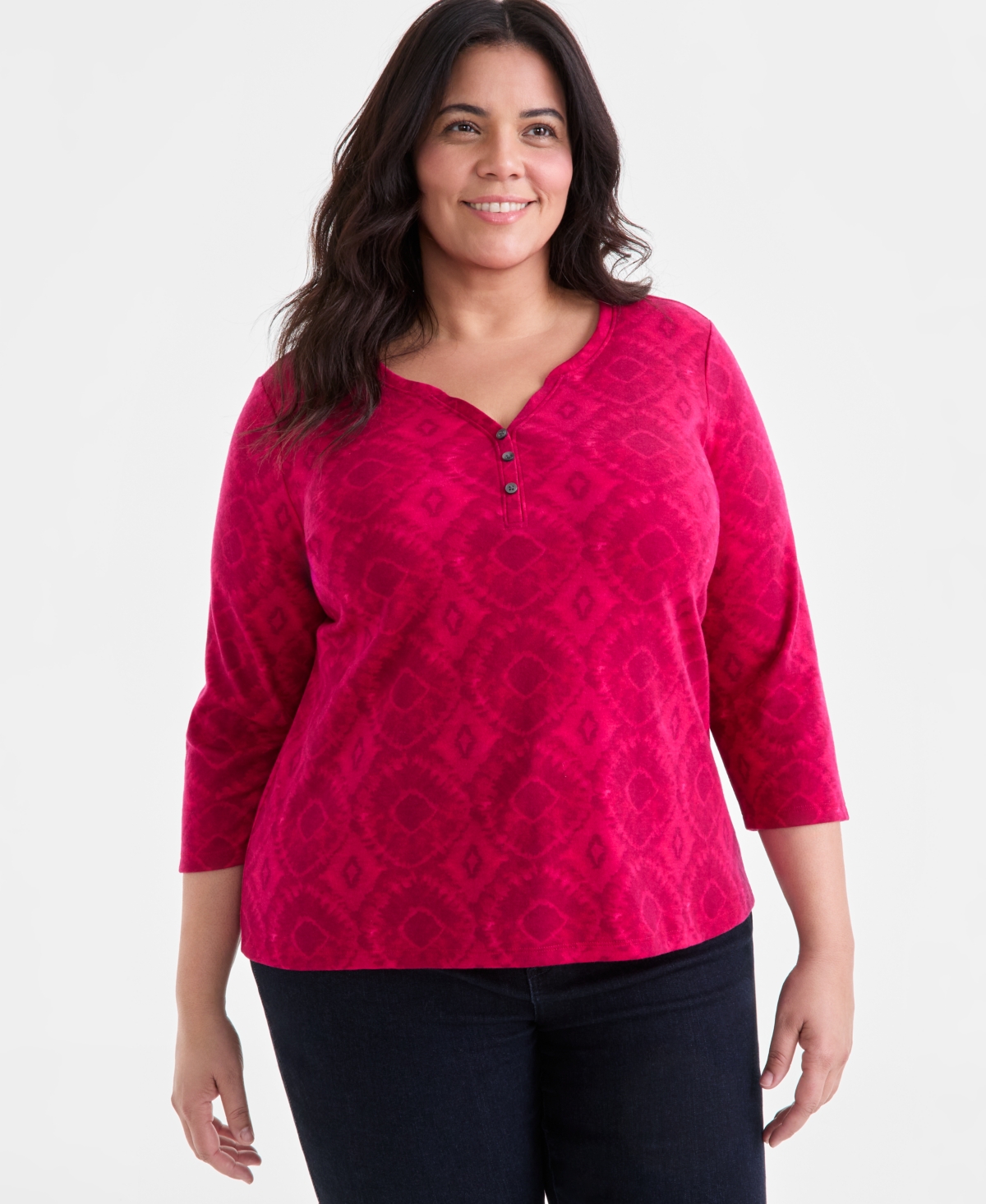 Click here for Style & Co Plus Size Printed 3/4-Sleeve Henley Top... prices