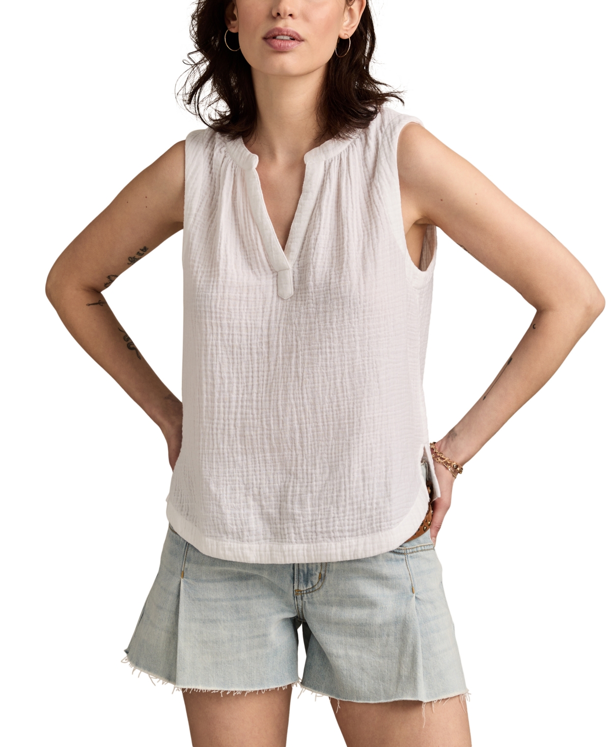 Click here for Lucky Brand Sleeveless Popover Shirt - Bright Whit... prices