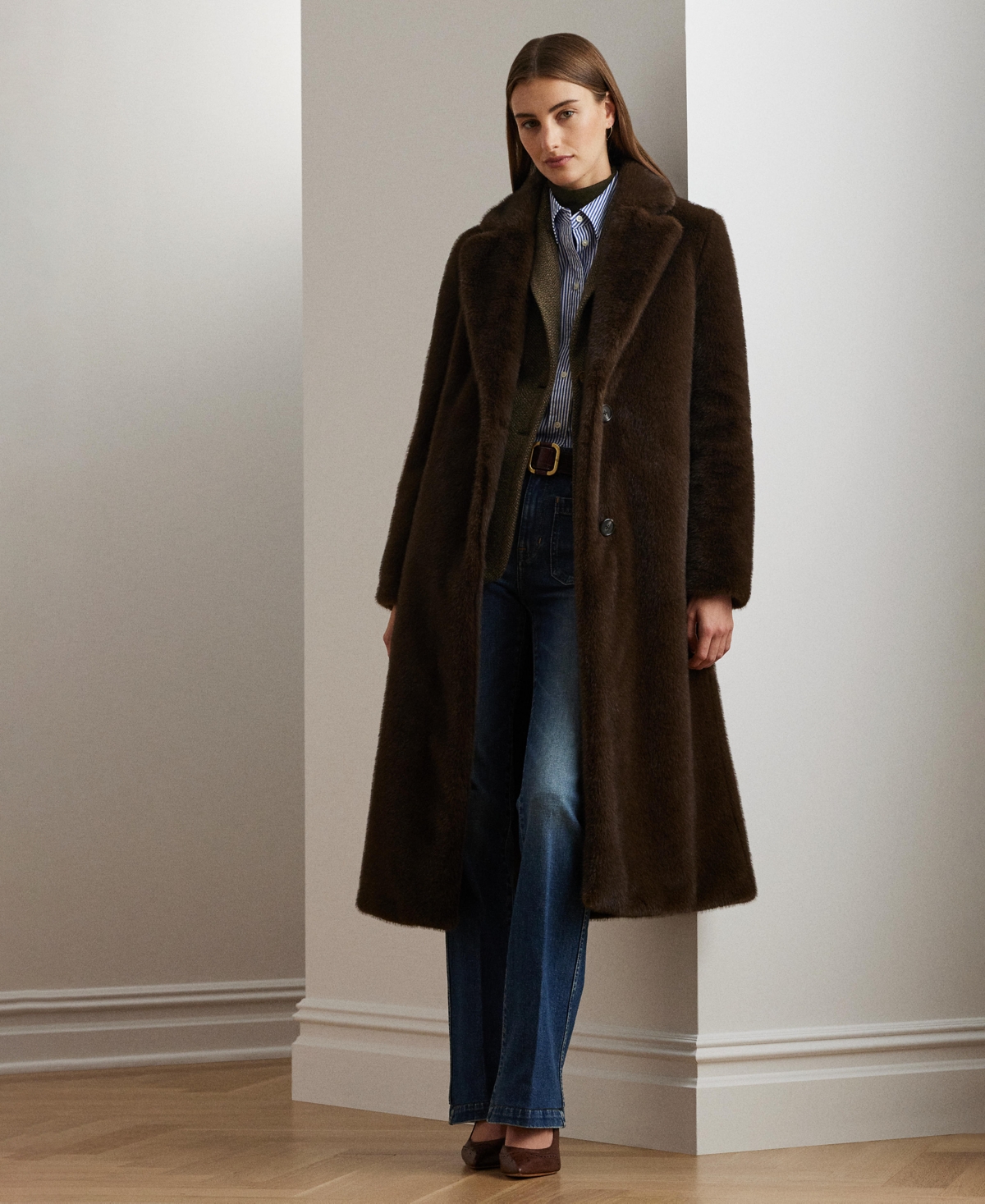 Lauren Ralph Lauren Womens Faux-Fur Single-Breasted Coat - Circuit Brown