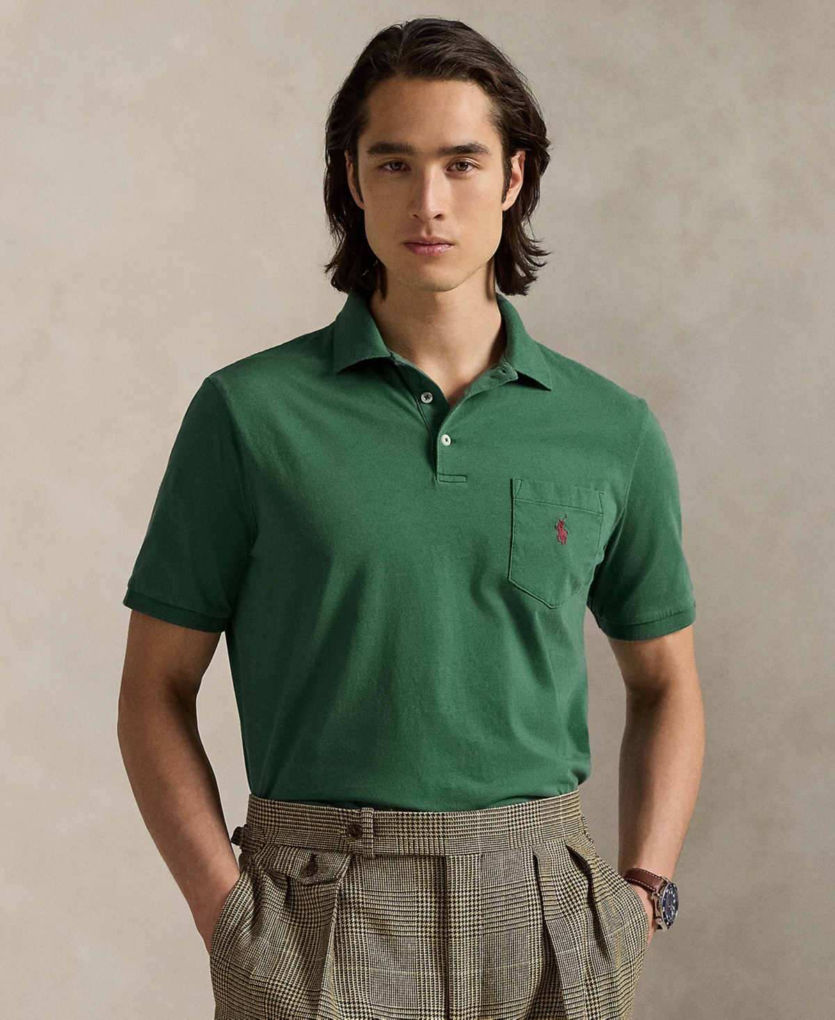 Polo Ralph Lauren Mens Classic-Fit Jersey Pocket Polo Shirt - Washed Forest