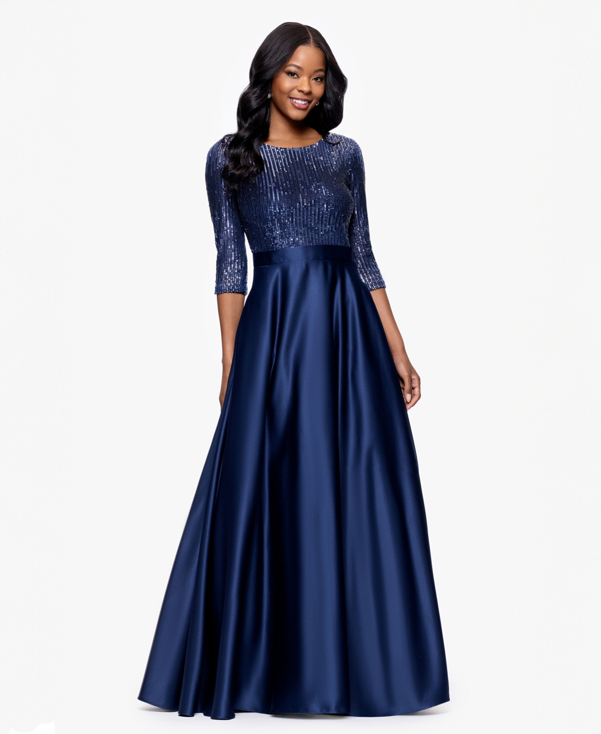 Click here for Betsy & Adam Embellished Satin Gown - Navy prices