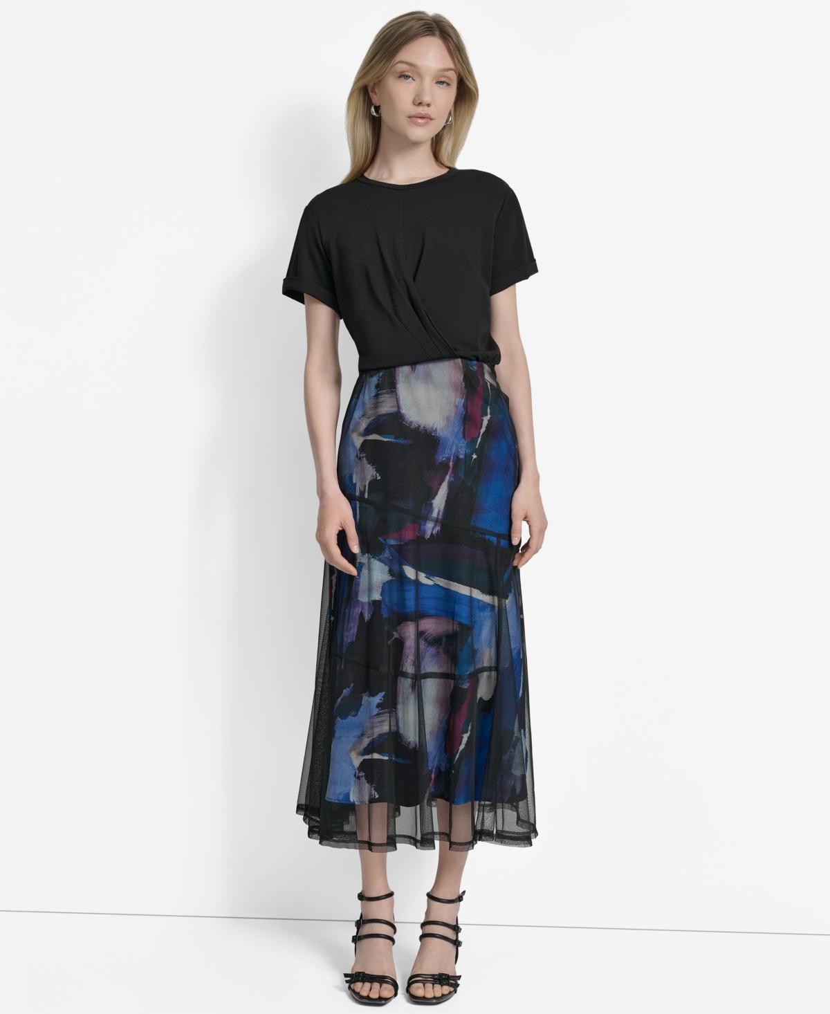 Click here for Dkny Womens Mixed-Media Printed-Skirt Dress - Blue... prices