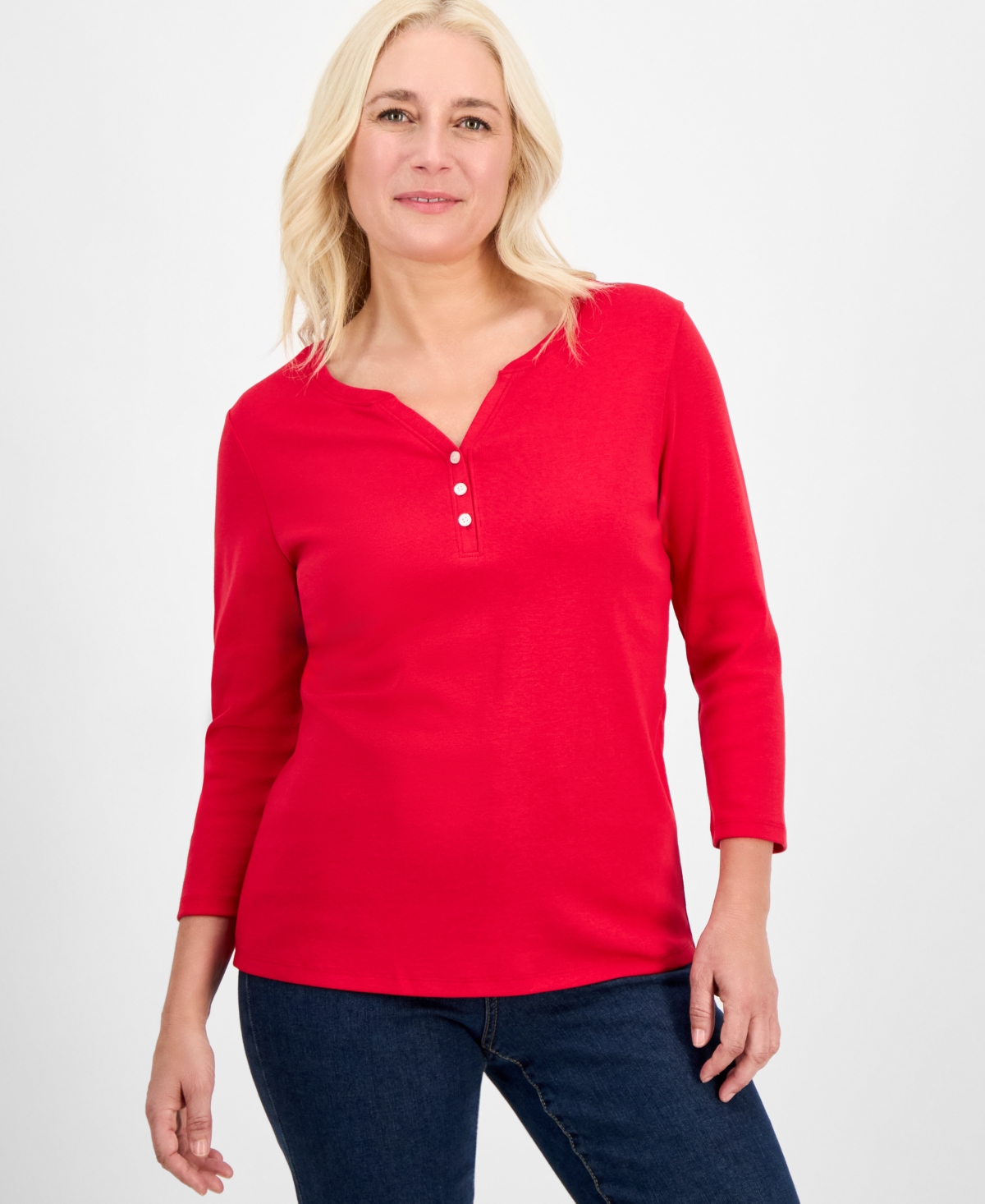 Click here for Style & Co Petite Cotton Knit Henley 3/4-Sleeve To... prices