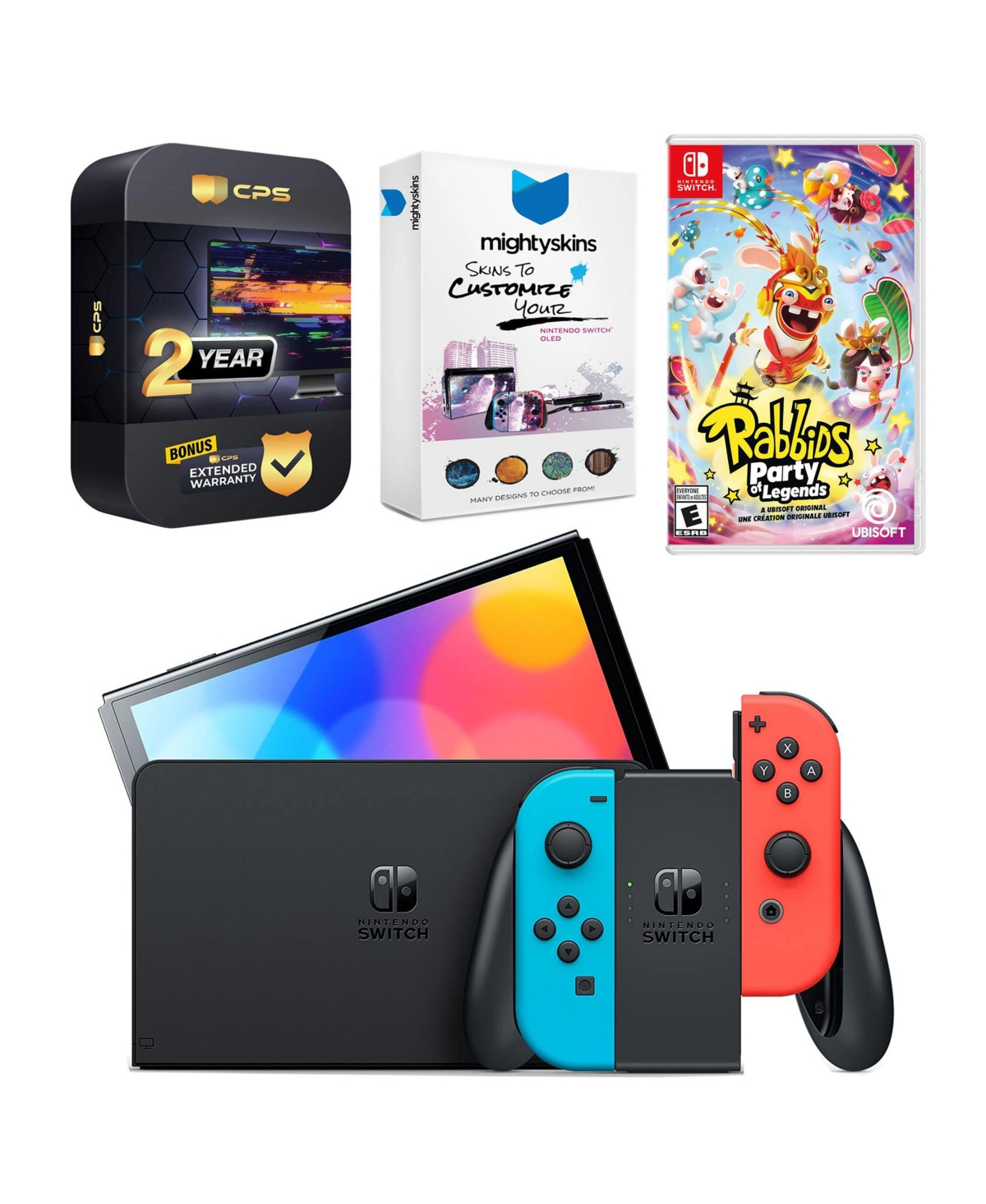Nintendo Switch Neon Oled with Rabbids: Party of Legends  MightySkins Voucher and 2 Year Cps Extended Warranty - White